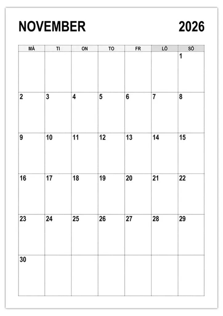 Kalender november 2026 – kalender12.su